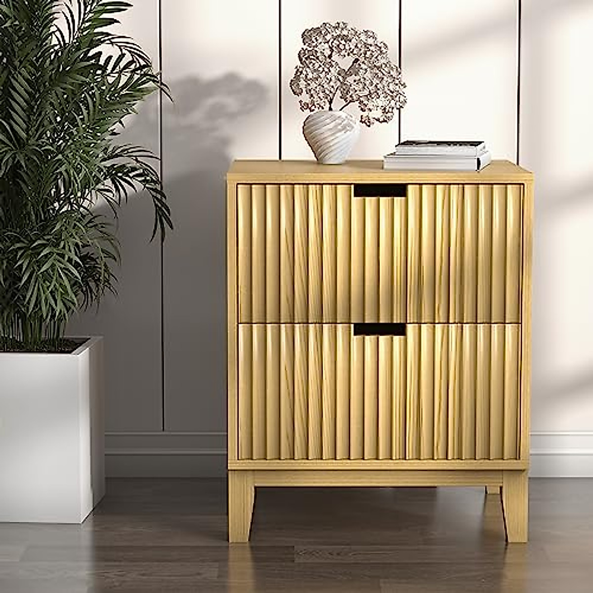 WiberWi Nightstand, Side Table, Farmhouse End Table with 2 Drawers and Open Storage, Bedside Table for Bedroom, Living Room and Small Spaces, Night Stand with Solid Wood Legs, Natural