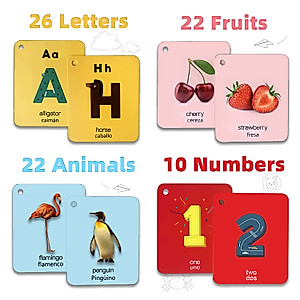 Richgv Flash Cards for Toddlers 1-2-3-4 Years Old, Bilingual 4 Sets Flash Cards for Baby 6 12 18 Months, Alphabet Numbers Fruits Animals, Learning & Education Toys Gifts Kindergarten Preschool
