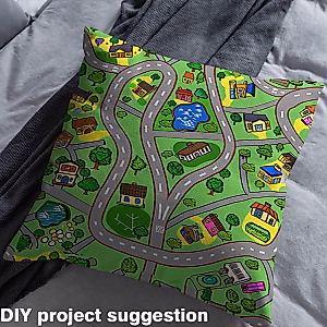 RezsoyeN Road Playmat Fabric by The Yard, Cartoon Road Upholstery Fabric, Cartoon Suburb Car Roadway Decorative Fabric, Street Race Track River City Map DIY Indoor Outdoor Fabric, Green, 1 Yard