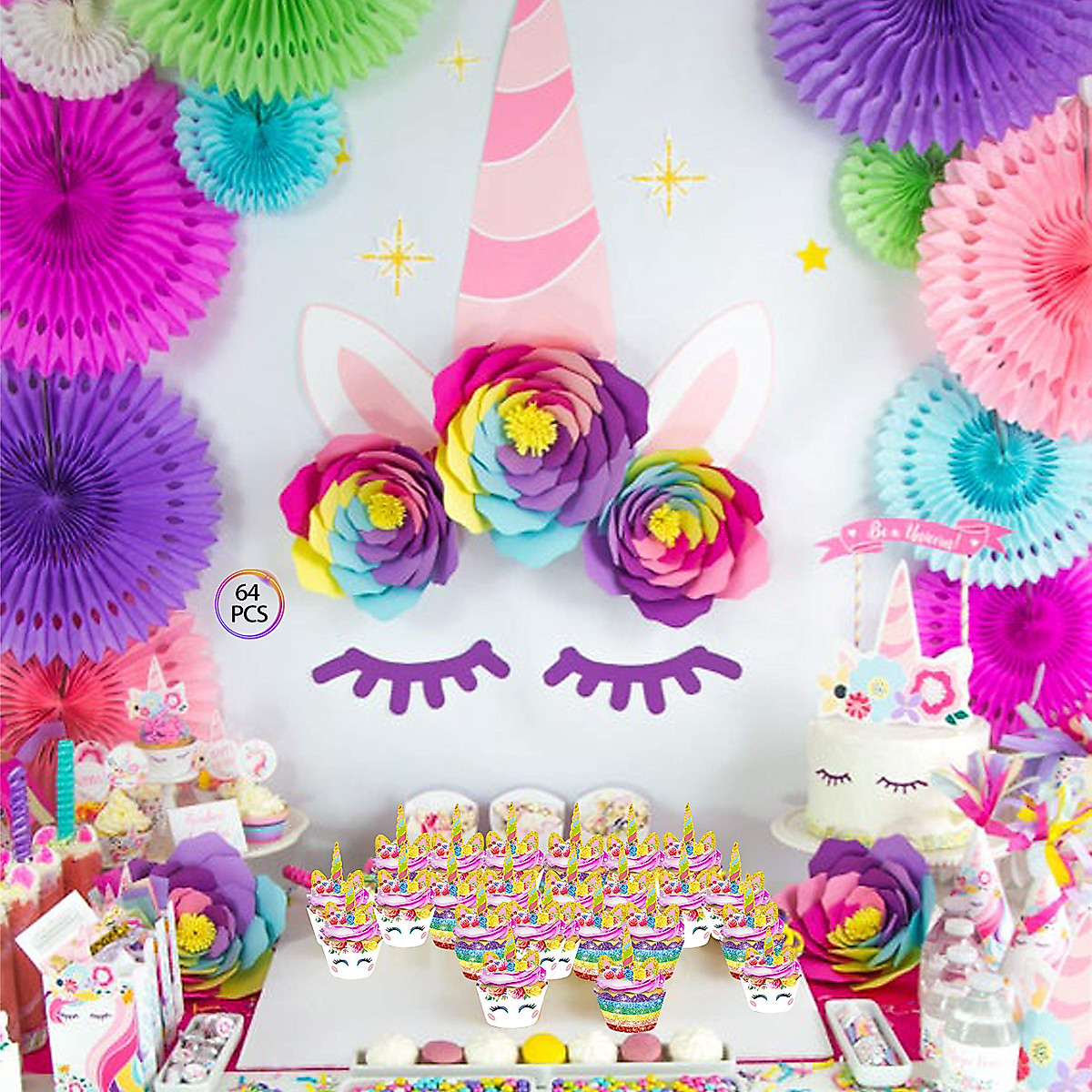 64pcs Unicorn Cupcake Toppers and Wrappers Double Sided for Kids Birthday Baby Shower Theme Party Decorations Supplies Set of 32