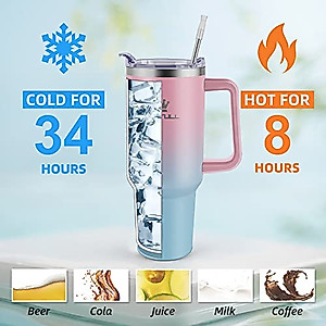 40 oz Tumbler with Handle and Straw Lid, 100% Leak-proof Travel Coffee Mug, Stainless Steel Insulated Cup For Beverages, Keeps Cold for 34Hrs or Hot for 10Hrs, Dishwasher Safe (PinkBlue)