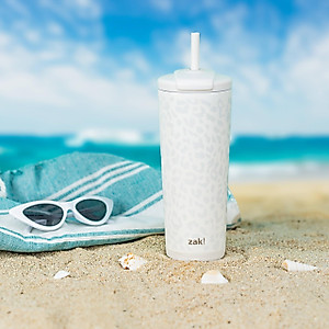 Zak Designs Beacon Straw Tumbler for Travel or At Home, 24oz Stainless Steel with Vacuum Insulated and Non-Skid Base (Linen Leopard)