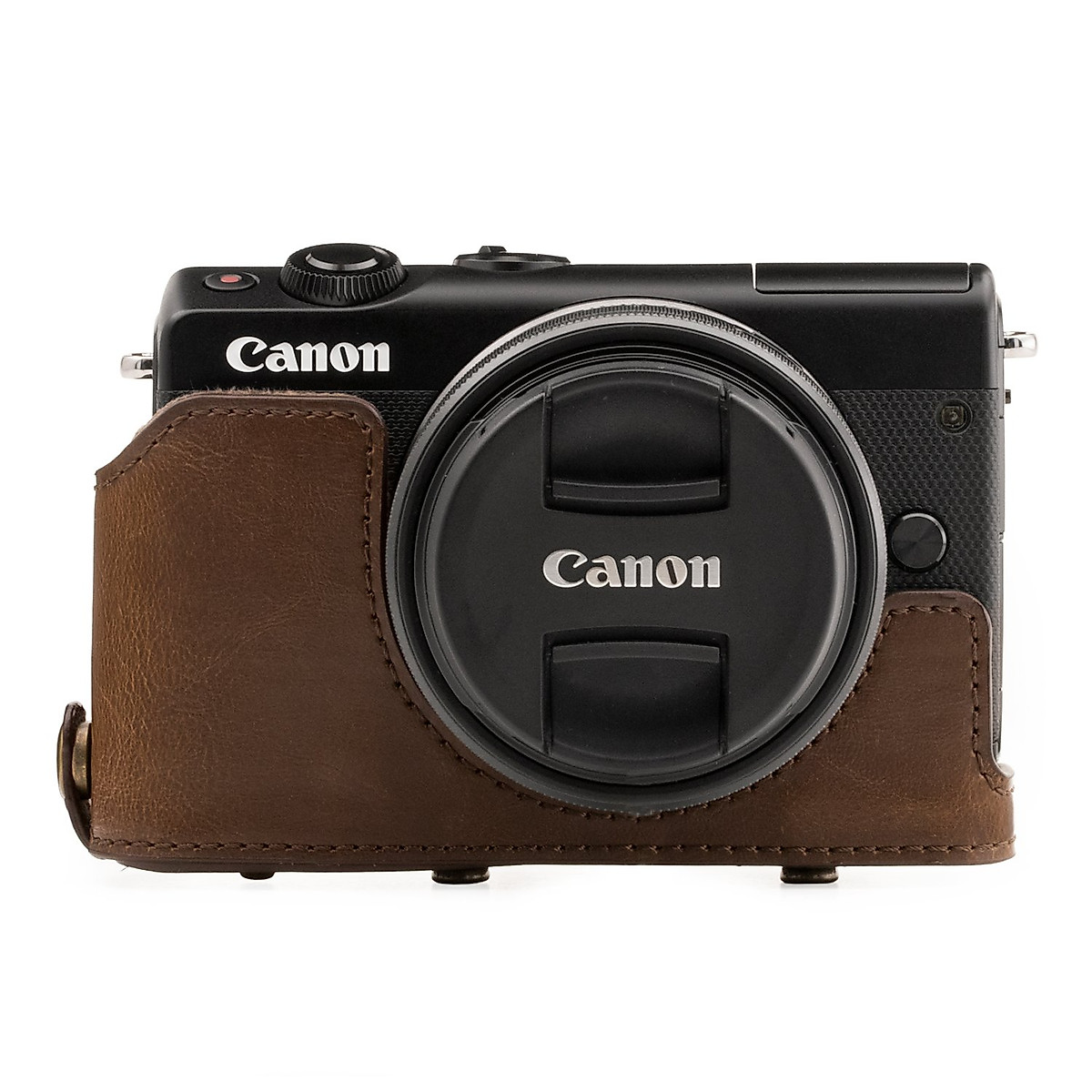 MegaGear Canon EOS M100, M200 (15-45mm) Ever Ready Leather Camera Case and Strap, with Battery Access - Dark Brown - MG1326