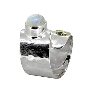 YoTreasure Natural Moonstone Solid 925 Sterling Silver Brass Hammered Finish Ring