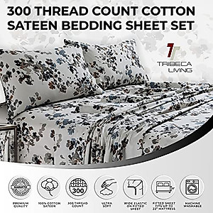 Tribeca Living California King Bed Sheet Set, Soft Cotton Sateen Printed Sheets Floral Print, Extra Deep Pocket, 300 Thread Count, 4-Piece Bedding Sets, Lisbon Grey/Multi, (LISB4PSSCKGR)
