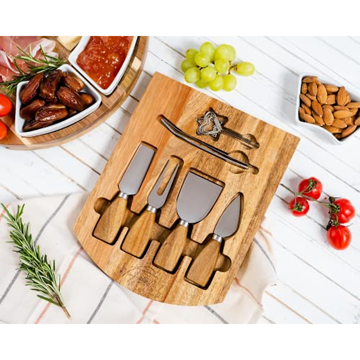 WinTruffles Acacia Cheese Board Set - Cheese Board and Knife Set, Cheese Platter, Cheese Platter Board, Cheese Tray, Charcuterie Board Set … (Round Acacia)