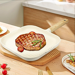 LYIYEYAN Square Griddle Pan for Stove Top Aluminium Alloy Nonstick Steak Pan with Ergonomic Wood Handle Even Heating Grill Pan for Indoor Cooking Outdoor Grilling (01)