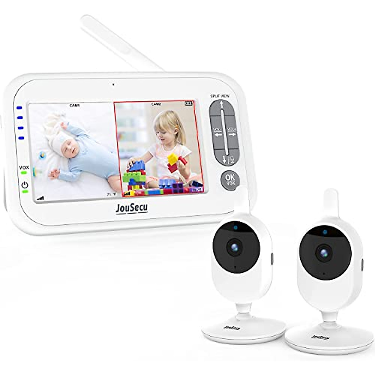 JouSecu Baby Monitor with 2 Cameras, Video Baby Monitor, 4.3" LCD Split Screen,2-Way Audio, Crying Detection, Night Vision, Temperature Detection