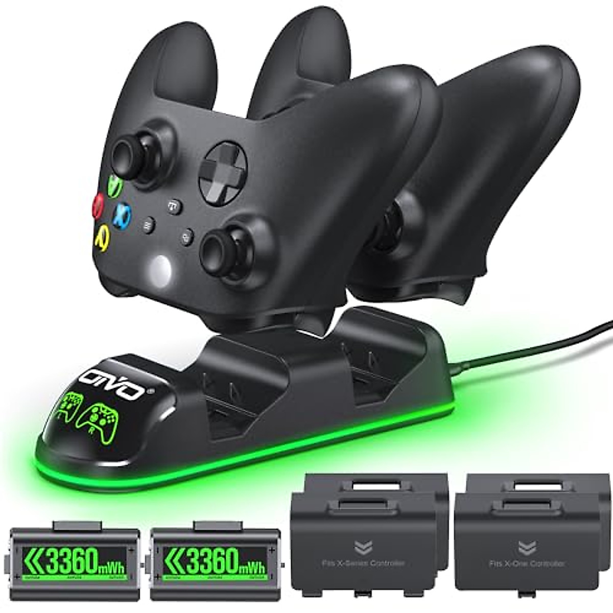 OIVO XSX Controller Charger Station with 2 Packs 3360mWh Rechargeable Battery for Xbox Series X/S/One/Elite/Core Controller, Charging Dock with 4 Packs Covers