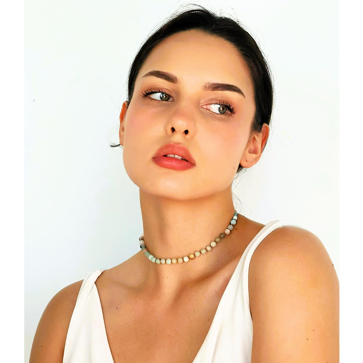 POMINA Real Amazonite Natural Gemstone Beaded Choker Necklace Semi Precious Stone Choker for Women (amazonite)