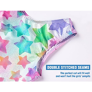 TENVDA 3 Pack Girls Leotards for Gymnastics Size 8 9 Years Old Sparkly Hot Pink Rainbow Star Tumbling Biketard with Shorts Unitard for Little Kids