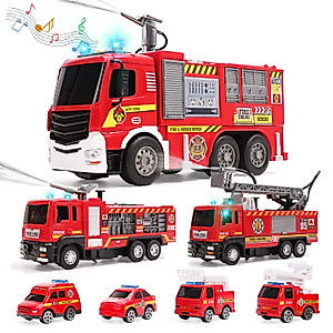 CUTE STONE 7 Pack Fire Trucks with Water Spraying Function, Fireman Toy Firetrucks with Sound and Light, Pull Back Cars, Friction-Powered Vehicles, Gift for Toddlers and 3+ Year Old Boys