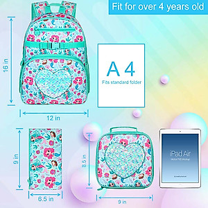 FTJCF 3PCS Backpack for Girls, 16" Cute Sequins Rainbow Kids Bookbag with Lunch Box, Elementary Preschool Kindergarten School Bag Set - Pink.