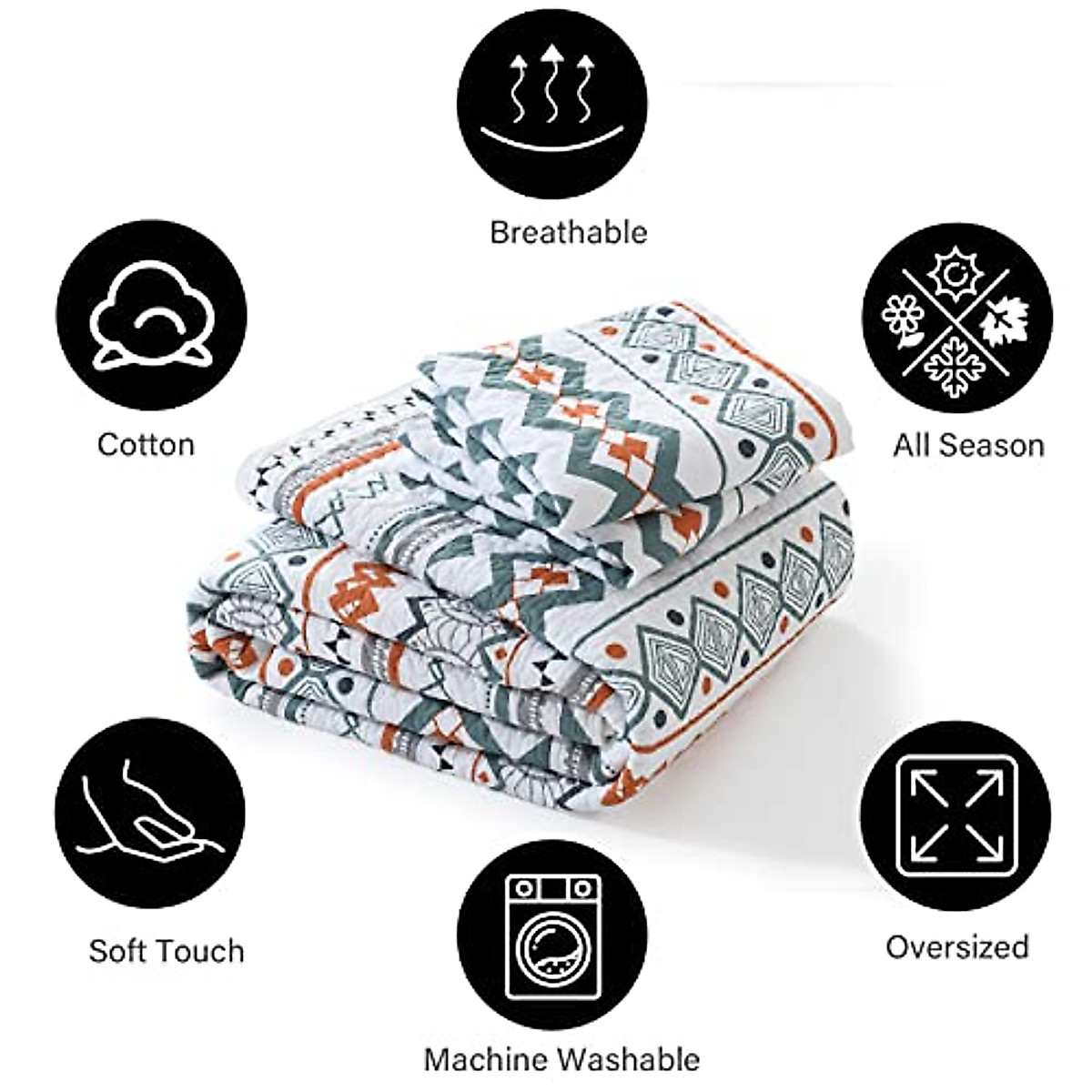 PANGUSHAN Queen Size Quilt Set, 100% Cotton, Reversible Striped Geometric Quilt, Lightweight Comforter, Bohemian Bed Spread, White/Orange/Green