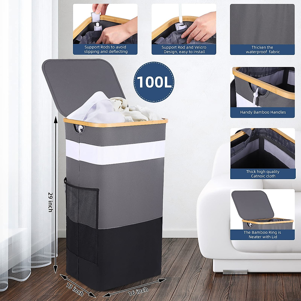 Laundry Hamper with Lid Large Clothes Basket with Bamboo Handles and Removable Bag Tall Foldable Laundry Basket for Bedroom, Bathroom, Dorm, Laundry Room(100L)