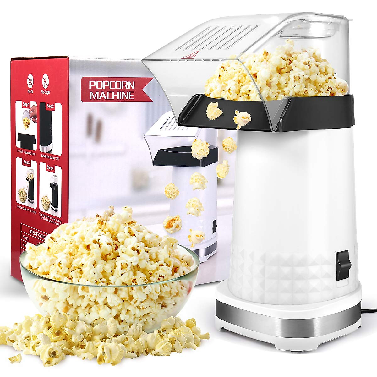 Popcorn Machine High Popping Rate, 3.5 Quarts, 1200w, 2 Min Fast Popping Air Popper Popcorn Maker, No Oil, BPA-Free, Food Safe Mini Popcorn Machine with ETL Certified, Popcorn Poppers for Home