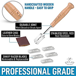 Zulay Kitchen Bread Lame Dough Scoring Tool - Hand Crafted Bread Scoring Tool to Cut Designs on Sourdough, Homemade Bread - Bread Scoring Knife With 6 Stainless Steel Razor Blades and Leather Cover