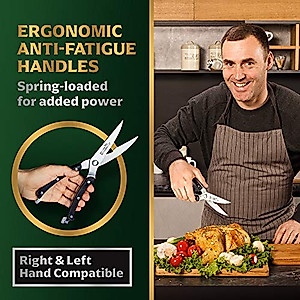 Heavy Duty Stainless Steel Poultry Shears For Bone, Chicken, Meat, Fish, Seafood, Vegetables. Premium Spring Loaded Food Scissors. One piece Kitchen Shears. (Black Wooden Handles)