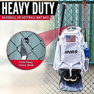Hit Run Steal White Softball Baseball Bag - Holds 4 Bats, Glove, Water Bottle, Shoe Compartment, Helmet, Fence Hook for Equipment & Gear