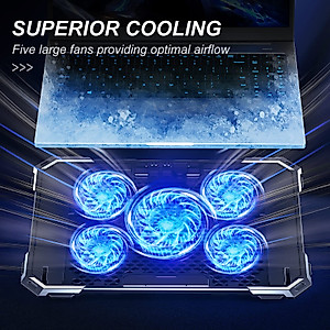 KYOLLY Upgrade Laptop Cooling Pad,Gaming Laptop Cooler with 5 Quiet Fans,2 USB Ports,5 Adjustable Stand Height,Blue LED Lights,for 15.6 Inch Laptops