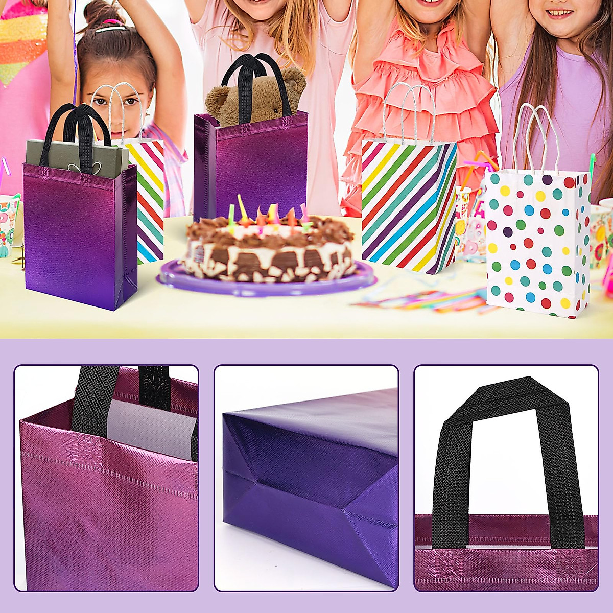 Shindel 6PCS Gift Bags with Handles, Reusable Gift Bags with Iridescent Finish 8"x4"x10" Gradient Purple Party Favor Bags for Birthdays Goodies Treat