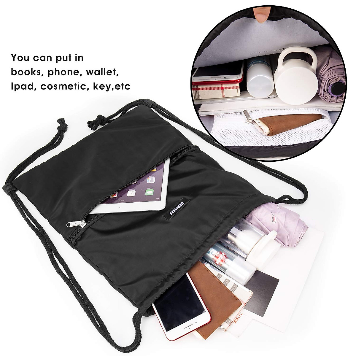 WANDF Drawstring Backpack String Bag Sackpack Cinch Water Resistant Nylon for Gym Shopping Sport Yoga (Black)