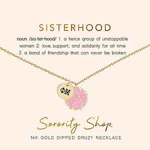 Sorority Shop PM Necklace - Phi Mu Pink Druzy Gemstone Necklace With Engraved Pendant – 14K Gold Dipped Jewelry with Pink Gemstone – Sorority Gift, Charm Paraphernalia