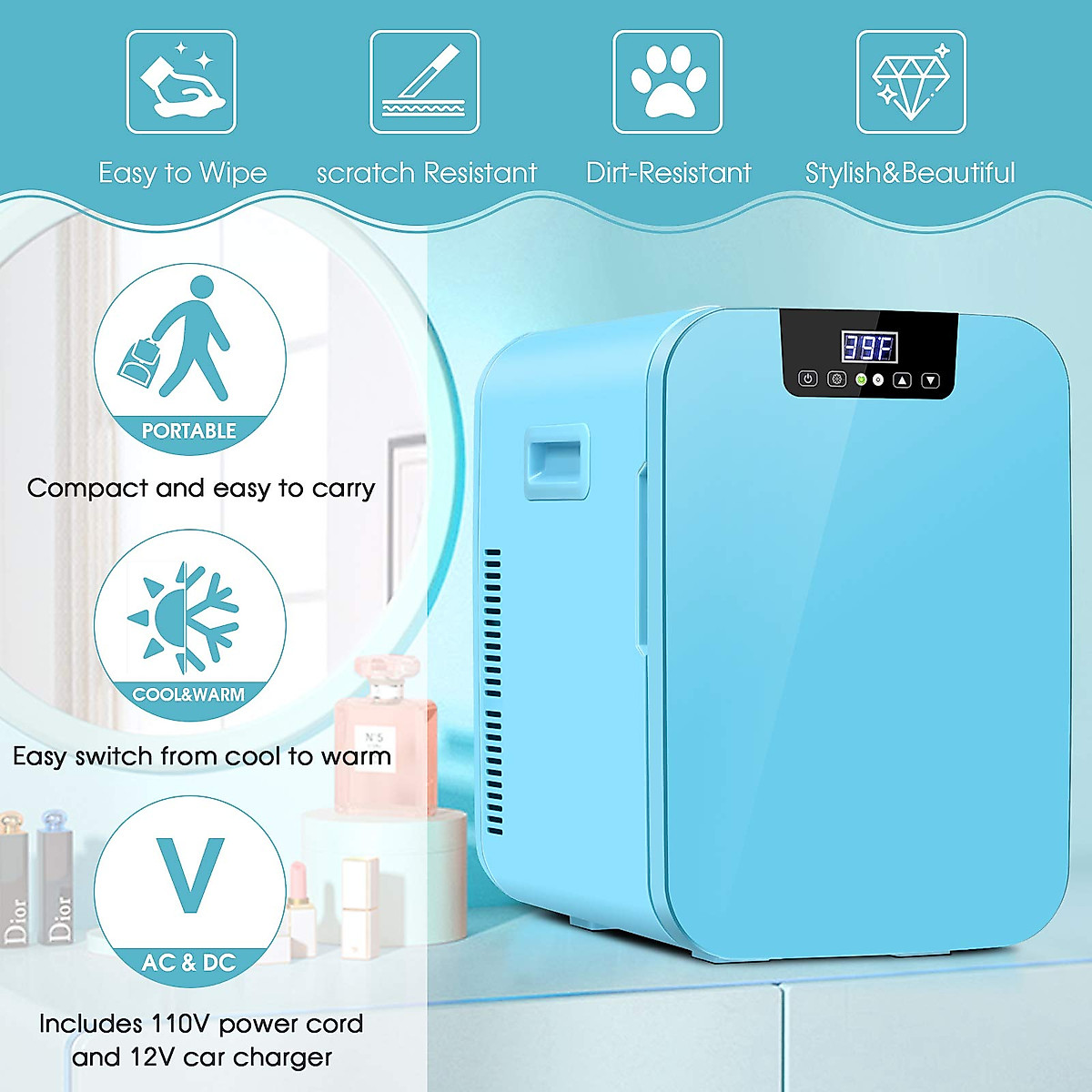 ARLIME 20 L Compact Cooler Warmer Mini Fridge for Bedroom, Office, Car, Dorm - Portable Makeup Skincare Fridge with Digital Temperature Control (Blue)