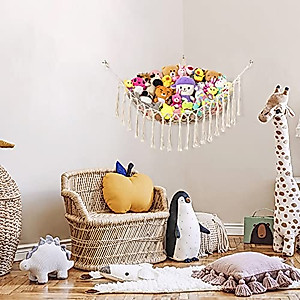 Vorey Stuffed Animal Storage Macrame Stuffed Animal Net or Hammock Toy Hammock Stuffed Animal Holder Hanging Stuffed Animal Organizer Plushie Net for Stuffed Animals Corner, Beige