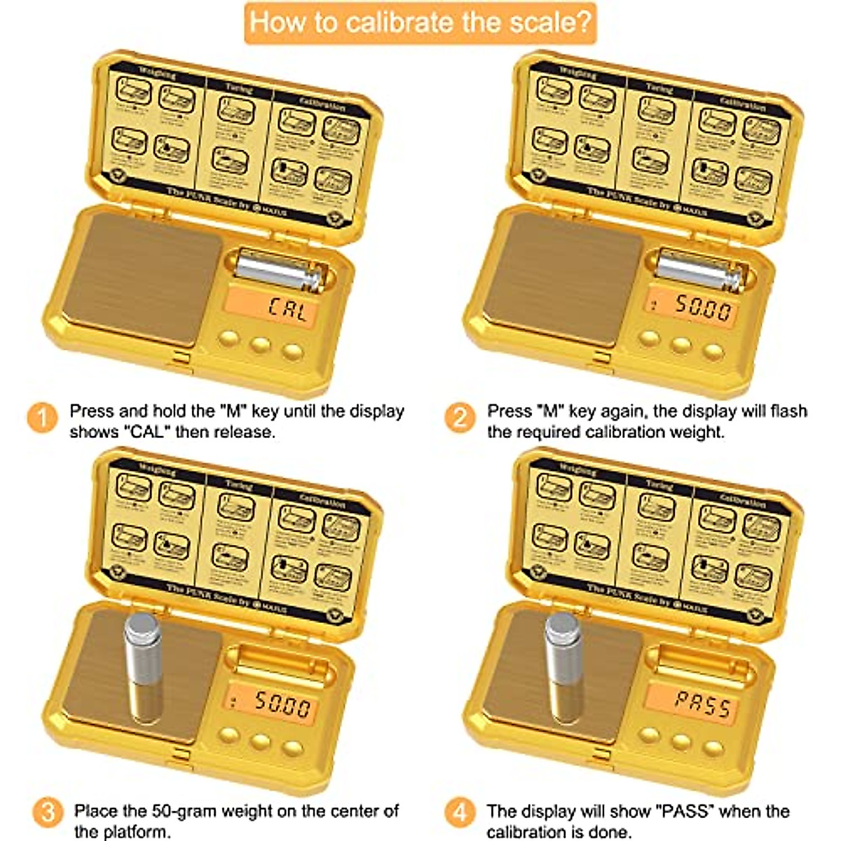 MAXUS Steampunk Digital Scale 200g x 0.01g Precision with 50g Calibration Weight. Golden, Skull-Embossed, Backlit LCD, Stainless Steel Platform for Food or Items.