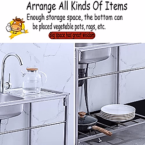 Free Standing Commercial Sink With Single Bowl, 1 Compartment Stainless Steel Kitchen Sink W/Storage Shelves & Faucet, Multifunctional Sink Kit For Camping Cafe Garage Basement, Silver