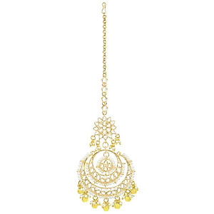 Aheli Bollywood Ethnic Chandbali Style Big Earrings Maang Tikka Set Indian Traditional Bollywood Fashion Jewelry for Women (Yellow)