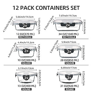 C CREST Food Storage Glass Containers Set of 12 with Locking Lids, Multi-Size, Airtight Seal for Freshness, Perfect for Meal Prep and Storage