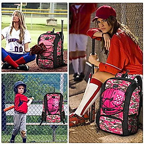 MATEIN Girls Softball Bag, Baseball Bag with Cleats Pocket for Girls, Boys, Adult, Large Baseball Backpack for Men with Fence Hook- Hold 2 Bats, Batting Mitten, Helmet, Caps, Teeball Gear, Pink Camo
