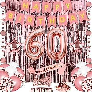 Yawagor 29 Pieces Rose Gold 60th Birthday Decorations for Women, Happy Birthday Decor Set-60th Birthday Anniversary Foil Balloons, Sash, Cake Topper, Fringe Curtains for Home Indoor Party Supplies