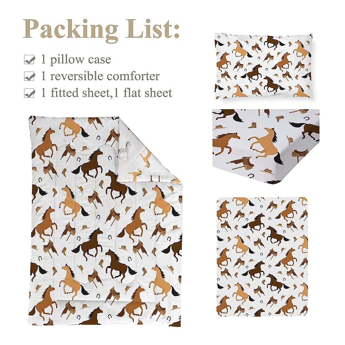 ARIGHTEX Horse 4 Piece Toddler Bedding Set with Cute Farm Animal - Includes Quilted Comforter, Fitted Sheet, Top Sheet, and Pillow Case for Girls Boys Bed