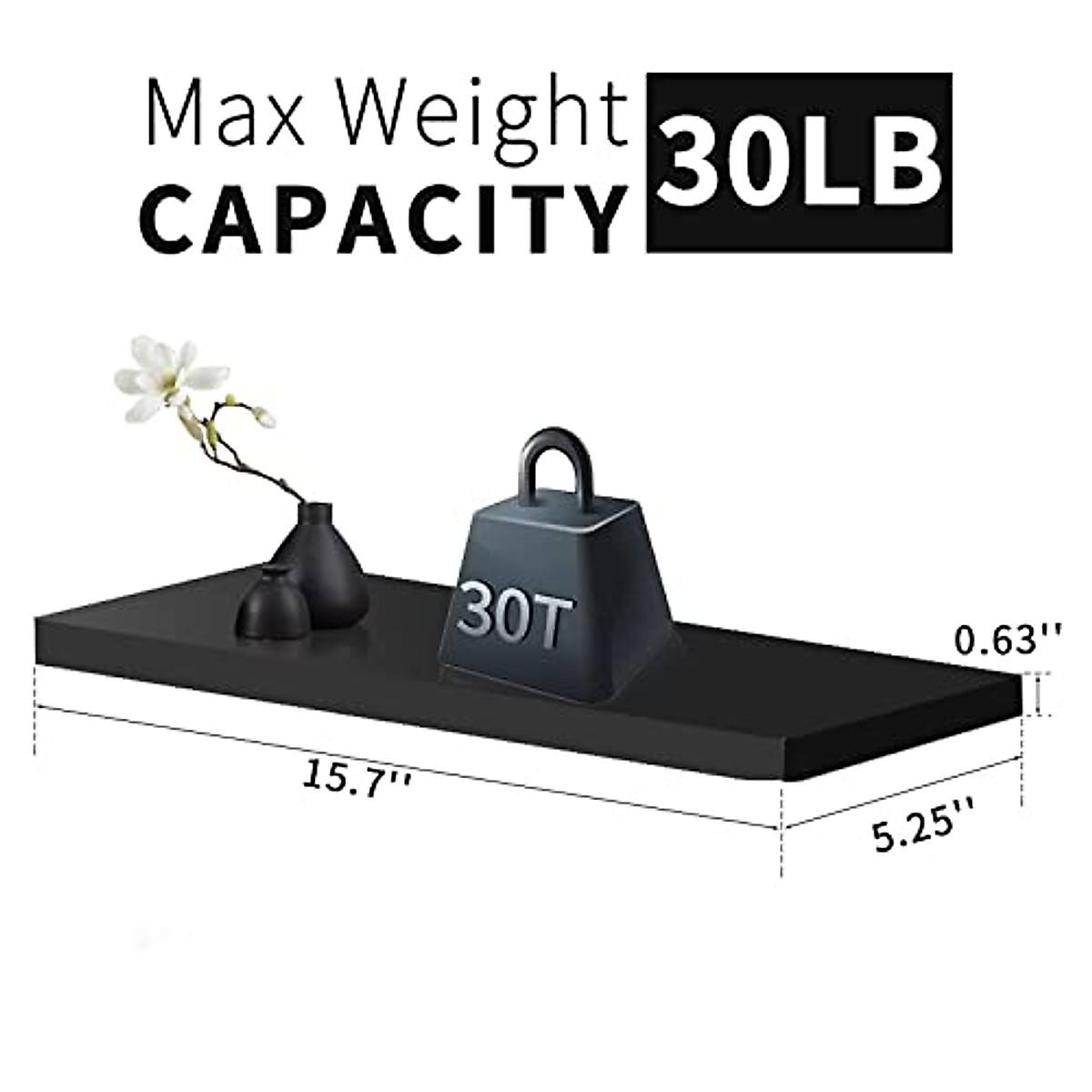 OYUGET Black Floating Shelves, 15.7 Inch Rustic White Wall Shelves, Wood Shelves for Wall Storage Decor, Farmhouse Wall Mounted Shelves for Bedroom Bathroom Living Room Kitchen Set of 4