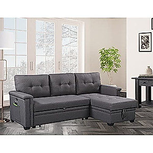 Lilola Home Nathan Dark Gray Reversible Sleeper Sectional Sofa with Storage Chaise, USB Charging Ports and Pocket