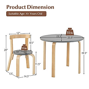 UJOYPAYD 5-Piece Kids Table Chair Set, Bentwood Toddler Round Table & 4 Chairs,Wooden Activity Table W/Curved Back Chairs,Children Furniture Set for Playing, Craft Art, Drawing, Reading (Gray)