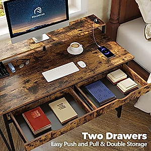Rolanstar Computer Desk with 2 Drawers and Power Outlet, 39" Home Office Writing Desk with Monitor Stand, Workstation Table with Stable Metal Frame, Rustic Brown
