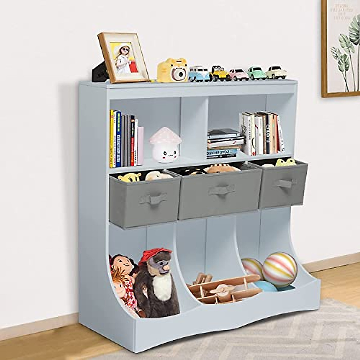 kinbor Kids Storage Organizer Bookcase - 3-Tier Toy Storage Cabinet Toddlers Bookshelf with 3 Removable Drawers, Baskets Multi Shelf Cubby for Nursery Activity Room Bedroom, White