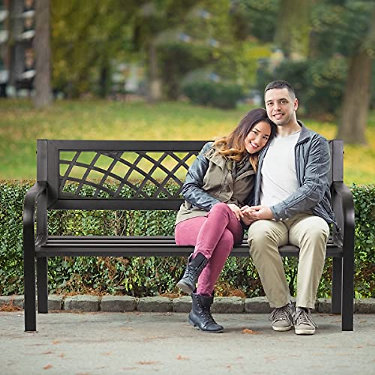 Hkeli Garden Bench Patio Park Metal Bench with Armrests Sturdy Steel Frame Black Porch Outside Bench Cast Iron Porch Bench for Yard Front Porch Path Lawn Work Entryway, 400lbs