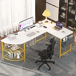 Unikito L Shaped Desk with Power Outlet, 98.4" Reversible Corner Computer Table with Storage Shelves and Bag, Modern 2 Person Large Long Desk for Home Office Writing Study Workstation, White