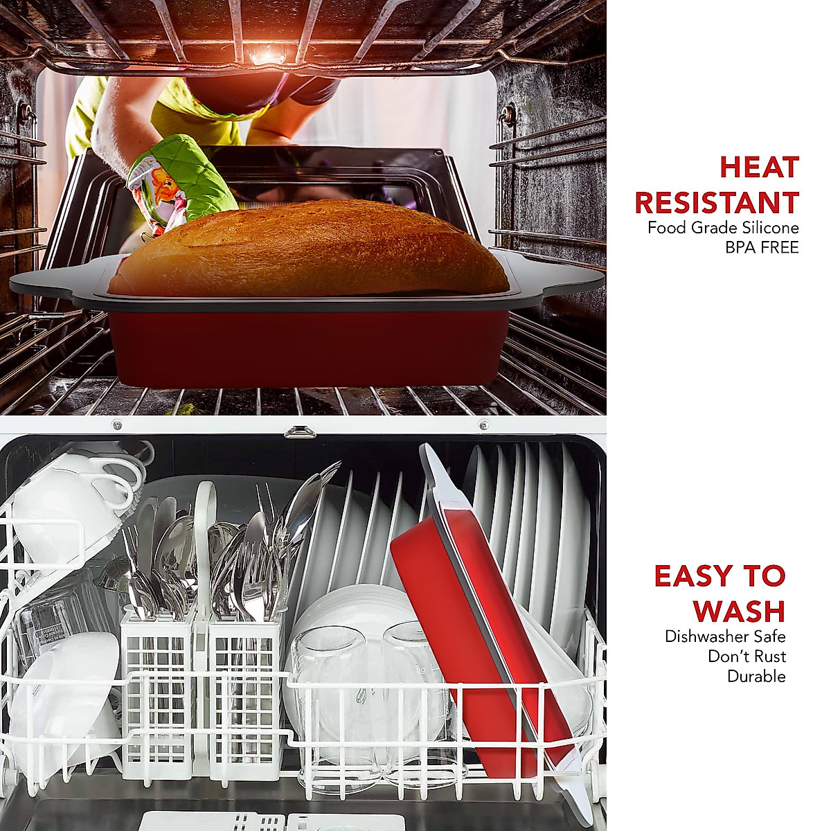 Boxiki Kitchen Premium Baking Set: Silicone 9x5 Inch Bread Loaf Pan & Non-Stick Steel 8.5 Inch Banana Bread Pan with Silicone Handles.