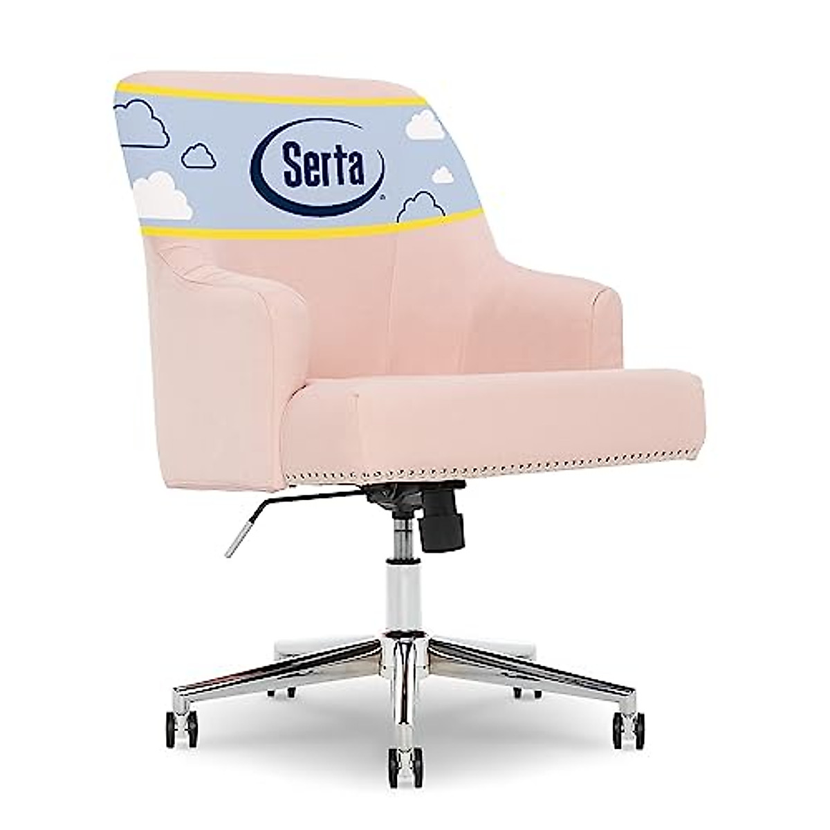 Serta Leighton Home Office Chair with Memory Foam, Height-Adjustable Desk Accent Chair with Chrome-Finished Stainless-Steel Base, Twill Fabric, Blush Pink 27.25D x 24W x 35.75H in