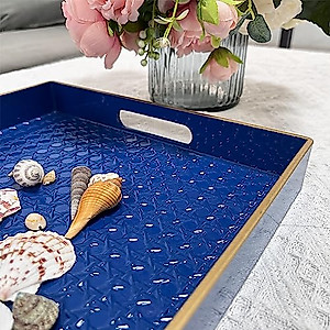 Umisriro Navy Blue Serving Tray with Handles, Plastic Decorative Tray for Ottoman, Coffee Table, Living Room, Kitchen 15.7”x10.2”