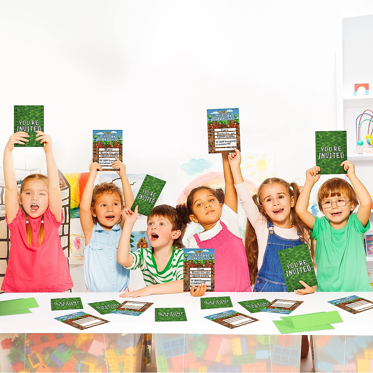 25 Pieces Pixel Video Birthday Party Supplies Game Themed Party Invitations Invite Card with Green Envelopes for Boy Kids Pixel Gamer Party Decorations Supplies