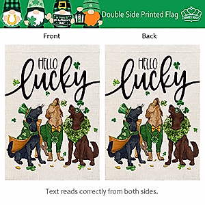 CROWNED BEAUTY St Patricks Day Dogs Garden Flag 12x18 Inch Double Sided for Outside Small Burlap Green Shamrock Hello Lucky Yard Holiday Decoration CF739-12
