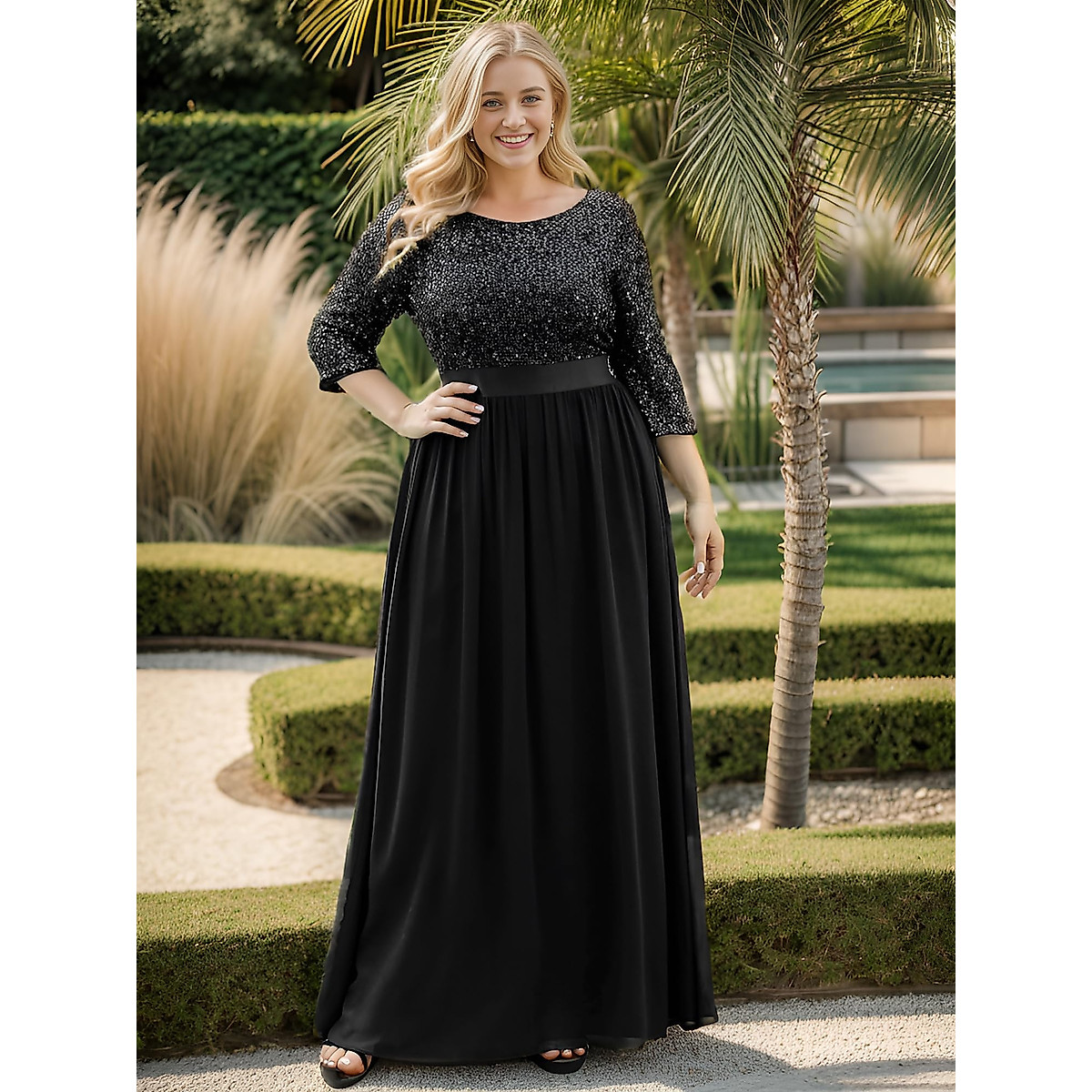 Ever-Pretty Women's Round Neck Maxi Dresses Sequin Plus Size Formal Dresses for Women Black US24