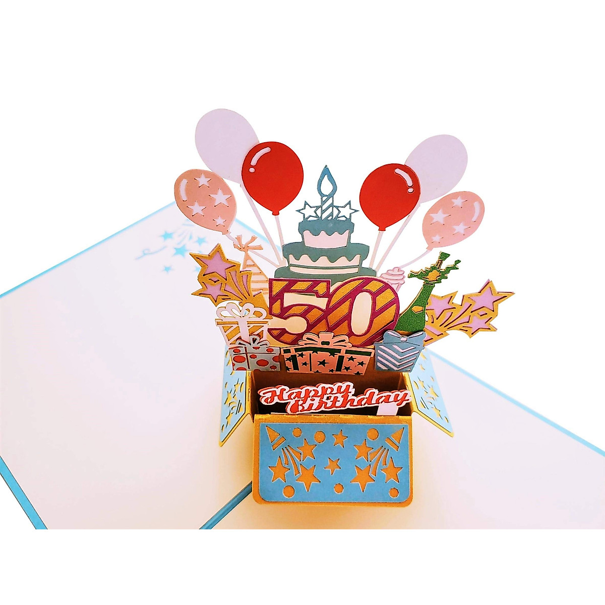 iGifts And Cards Happy 50th Blue Birthday Party Box 3D Pop Up Greeting Card – Fifty, Awesome, Balloons, Presents, Unique, Congrats, Celebration, Feliz Cumpleaños, Fun